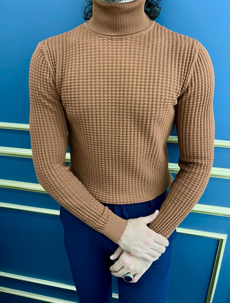 Thread Slim Fit Custom Design Half Collared Textured Camel Turtleneck ...