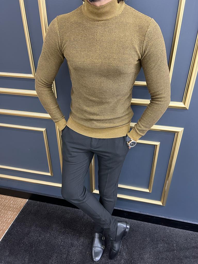 Thread Slim Fit Custom Design Half Collared Camel Turtleneck | VICLAN