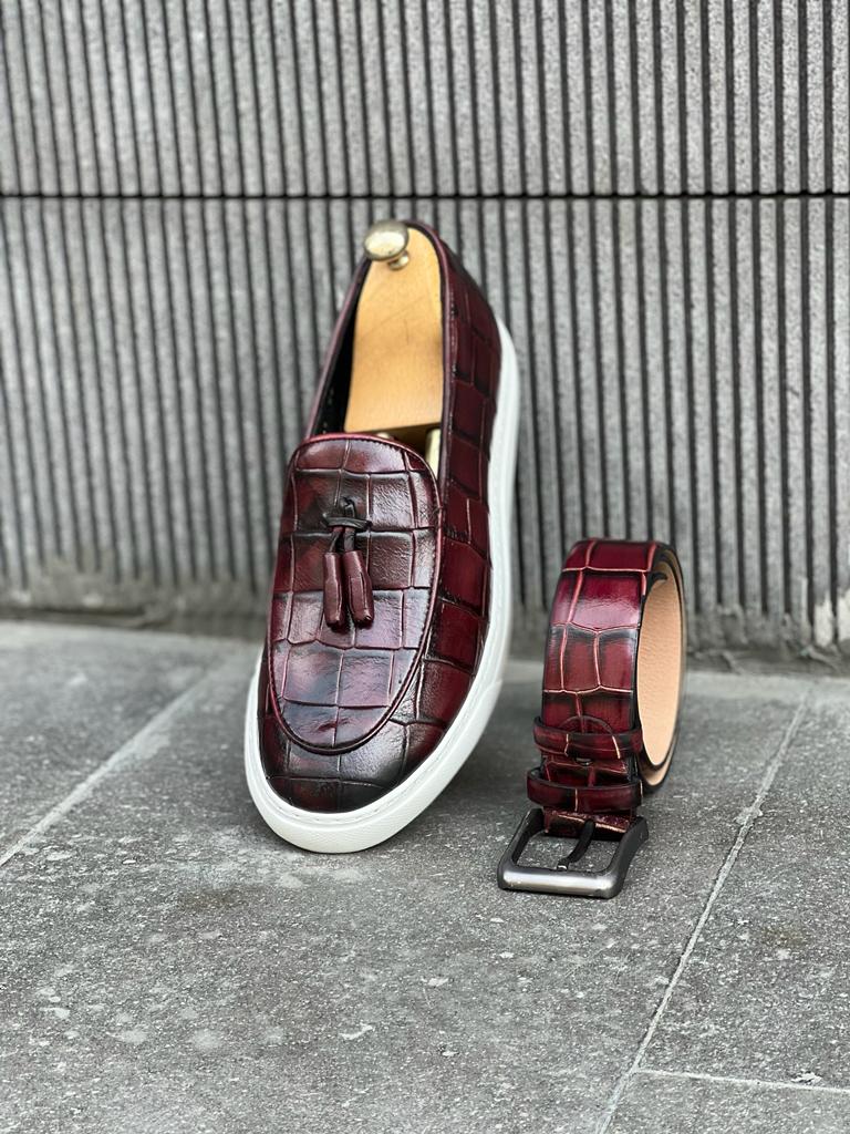Benson Buckled Croc Detailed Burgundy Shoes | VICLAN