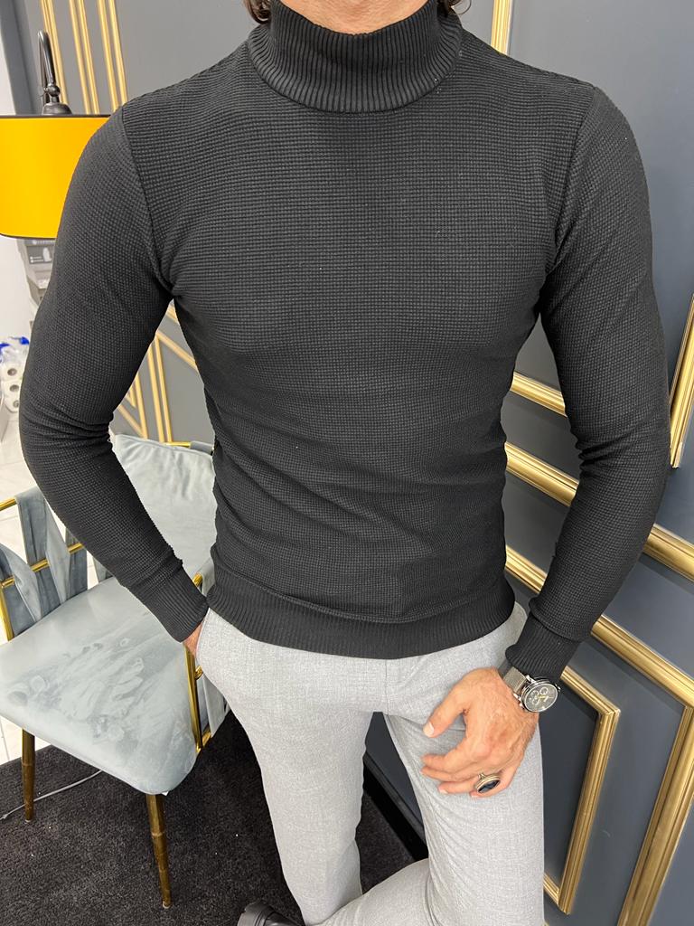 Thread Slim Fit Custom Design Half Collared Black Turtleneck | VICLAN
