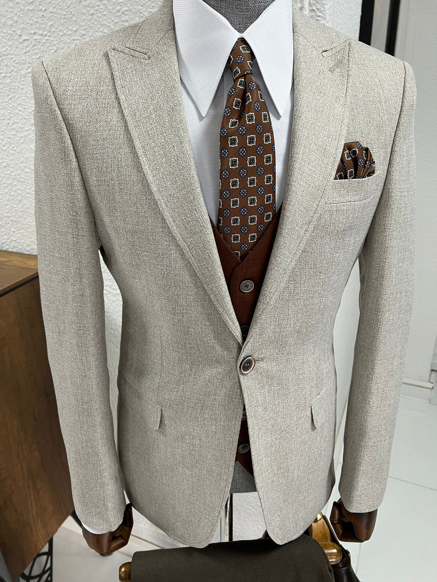 Louis Slim Fit Pointed Collared Beige Combination Suit | VICLAN