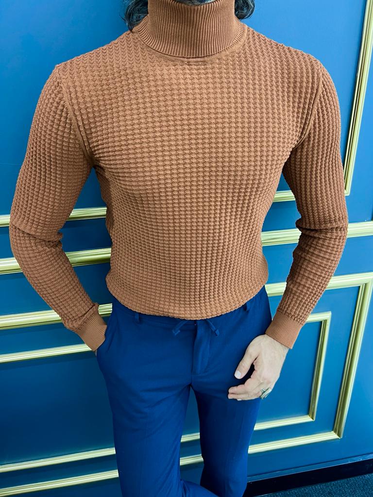 Thread Slim Fit Custom Design Half Collared Textured Camel Turtleneck ...