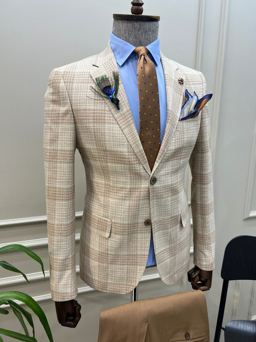 Giovanni Mannelli Slim Fit Striped Beige Suit | VICLAN